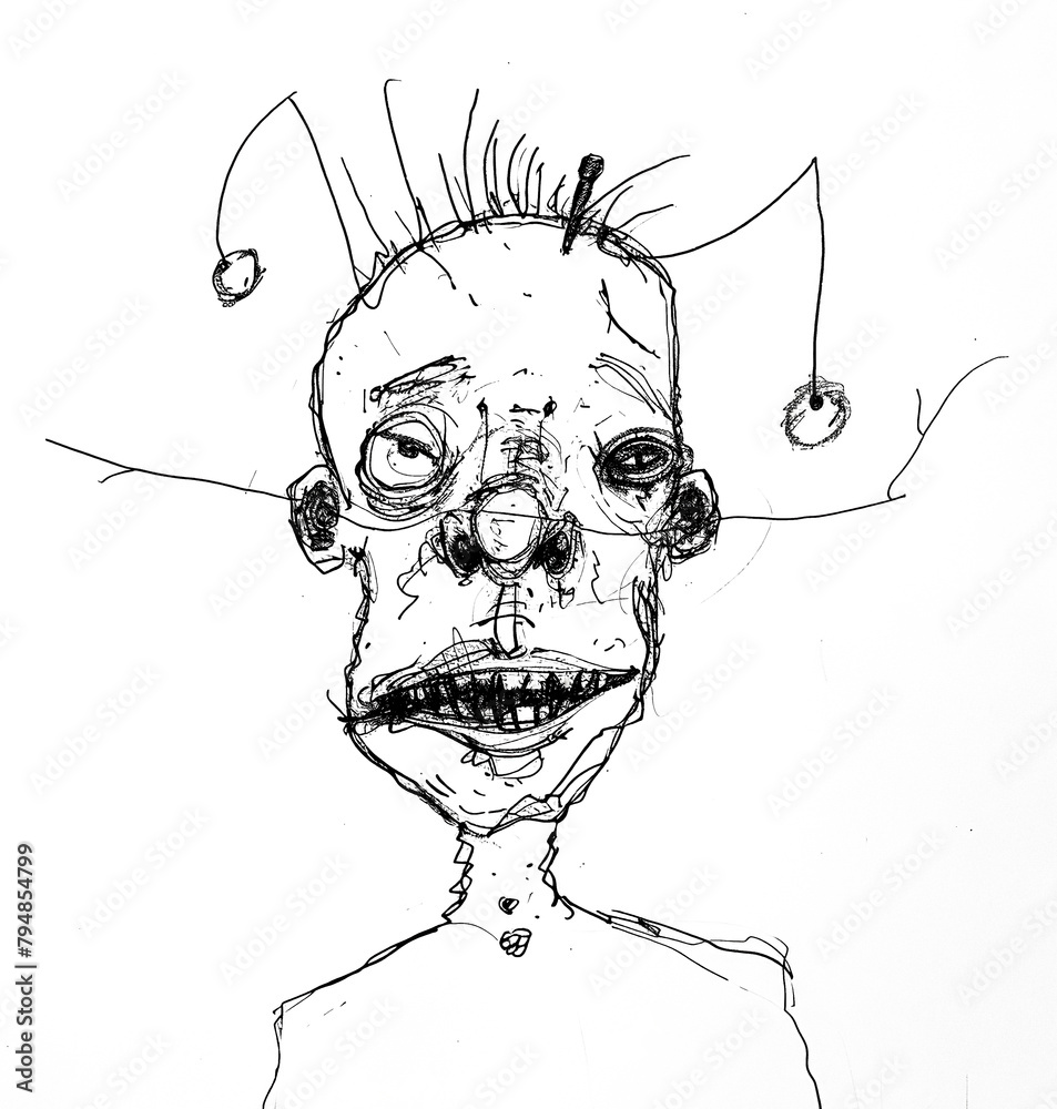 A simple bad messy line drawing of the head and shoulders of an ugly ...