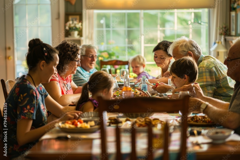 A multi-generational family enjoys each other's company around a dinner ...