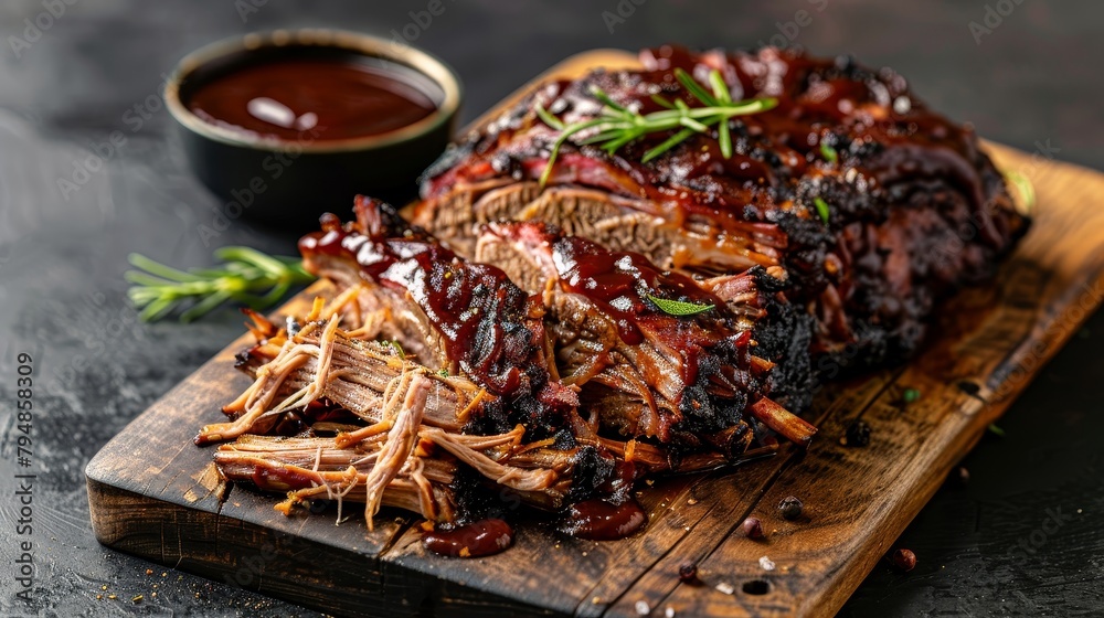 Artistic presentation of slow-cooked, pulled pork shoulder seasoned ...