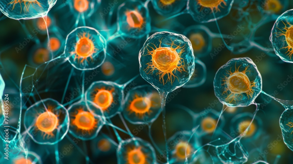 Microscopic view of orange neural-like structures - A detailed image ...