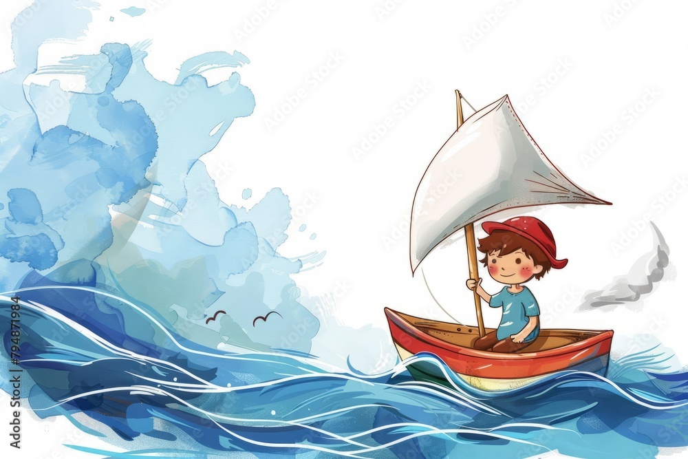 Cartoon cute doodles of a young sailor setting sail on a tiny boat, exploring the vast ocean ...