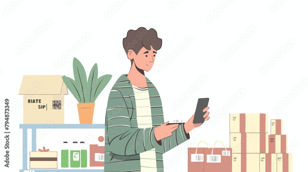 Online store owner scanning a qr code with a mobile Stock Vector ...