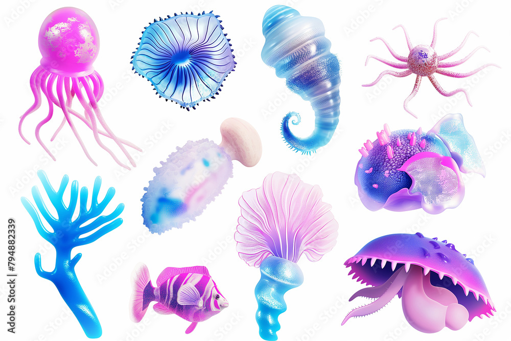 a various of a sea life ,realistic detailing, ,aquatic phytoplankton ...