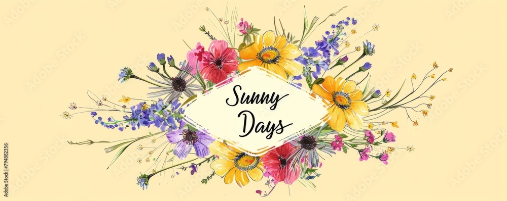Floral frame with colorful flowers and text "Sunny Days" on a beige ...