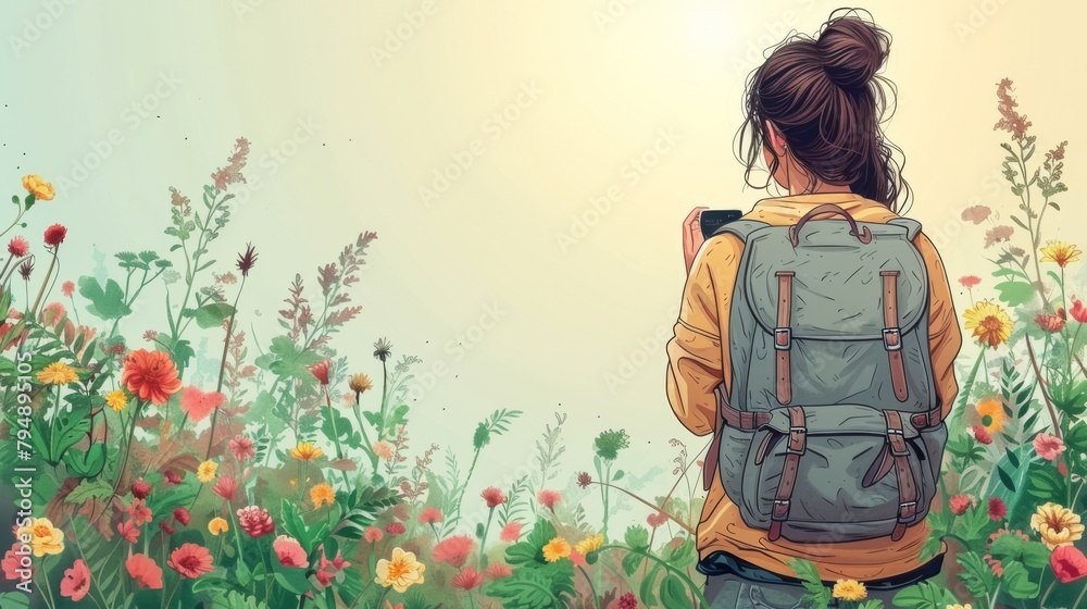 Illustrations of women with backpacks taking photos. Hand drawn style ...