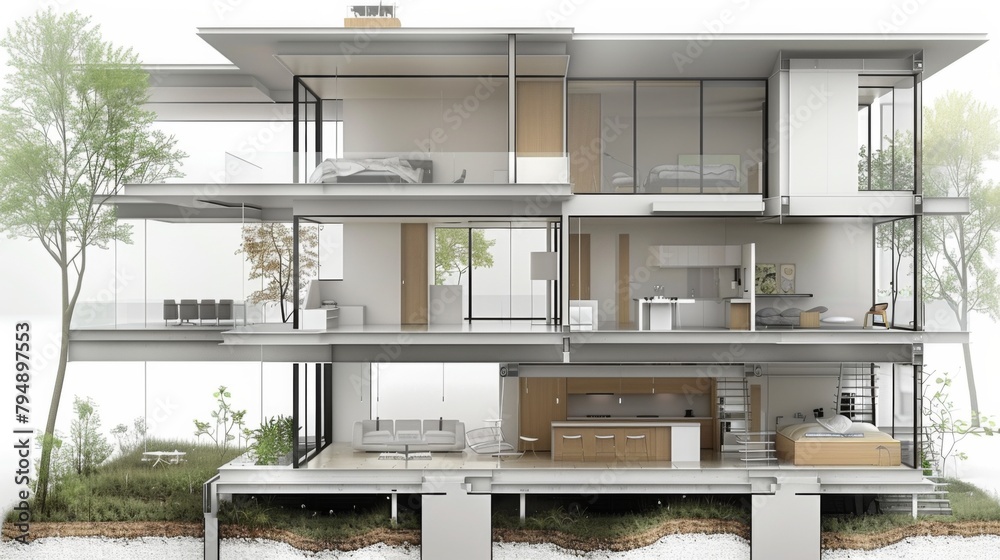Create a cross-section of a futuristic house featuring a central atrium ...