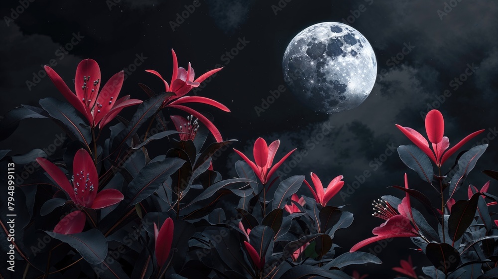 Elegant Design Background with Flowers and Night Sky. Night-Time ...