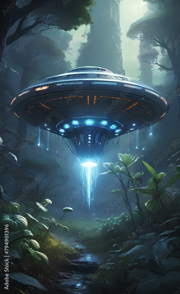 aliens ufo space ship landing in the wilds with glowing details and ...