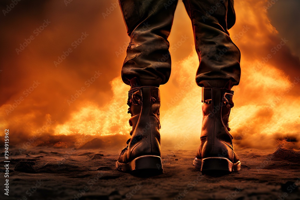 Soldier boots view with fire explosion in background representing war ...