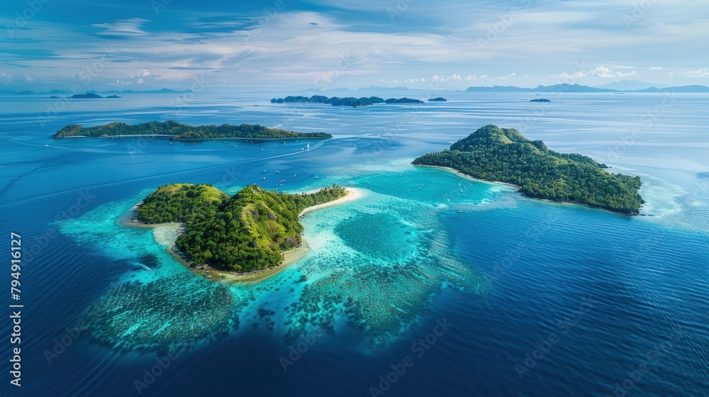Tropical island in the sea, ocean. Bird's eye view. Natural background ...