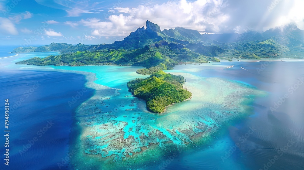 Tropical island in the sea, ocean. Bird's eye view. Natural background ...