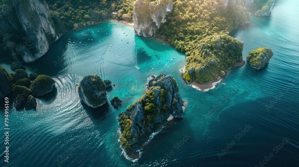 Tropical island in the sea, ocean. Bird's eye view. Natural background ...