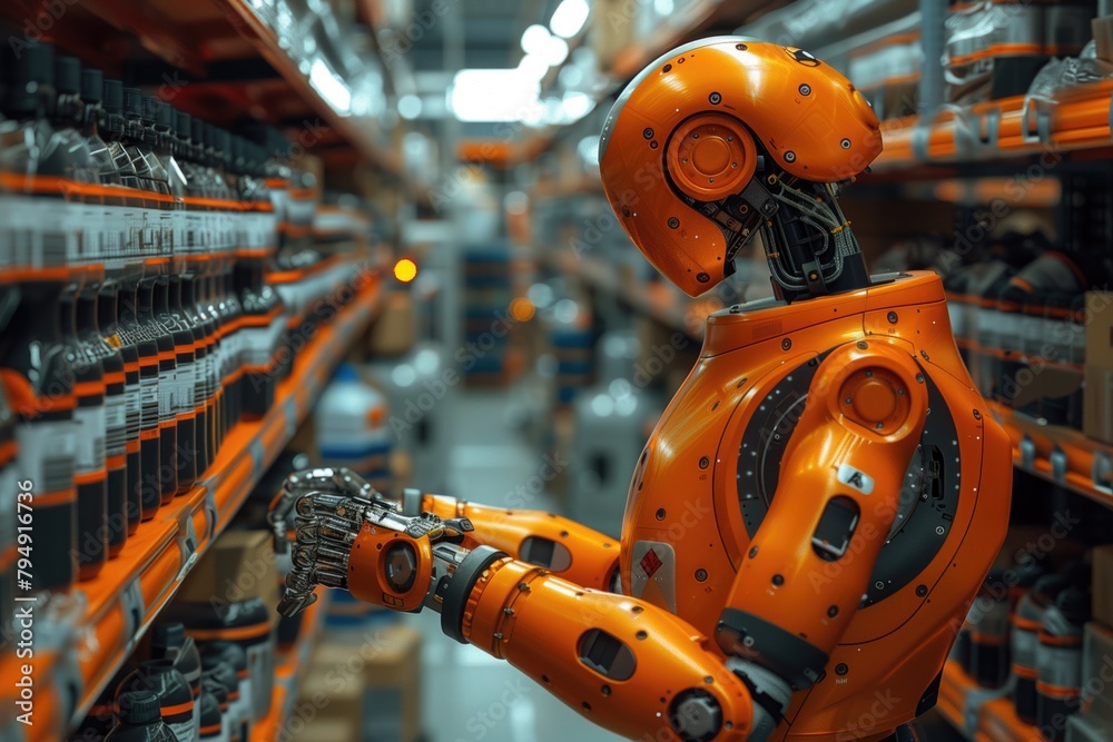 A warehouse filled with shelves of products where robotic arms, guided by AI algorithms ...