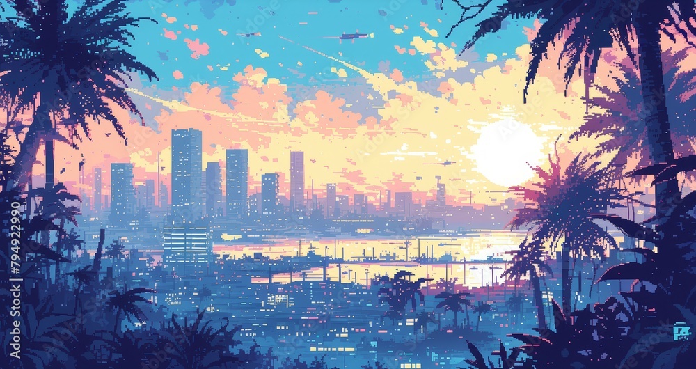 8-bit pixel art, cyber nostalgia, cityscape, purple sky at dusk Stock ...
