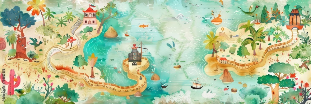 Young minds engaged in a treasure hunt, illustrated with charming ...