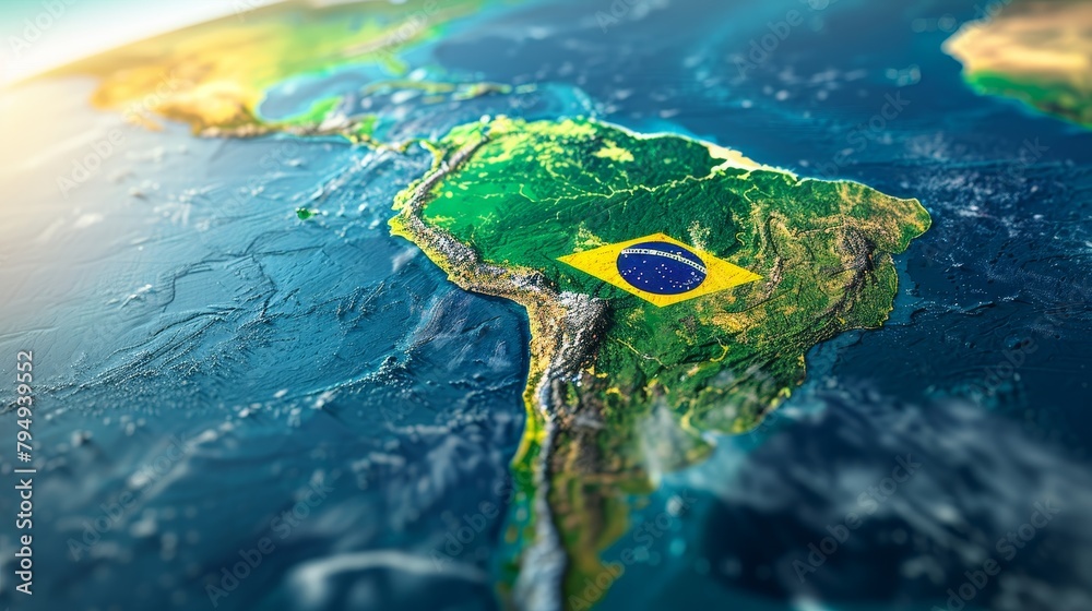 Topographic map of Brazil with national flag, highlighting Brazilian ...