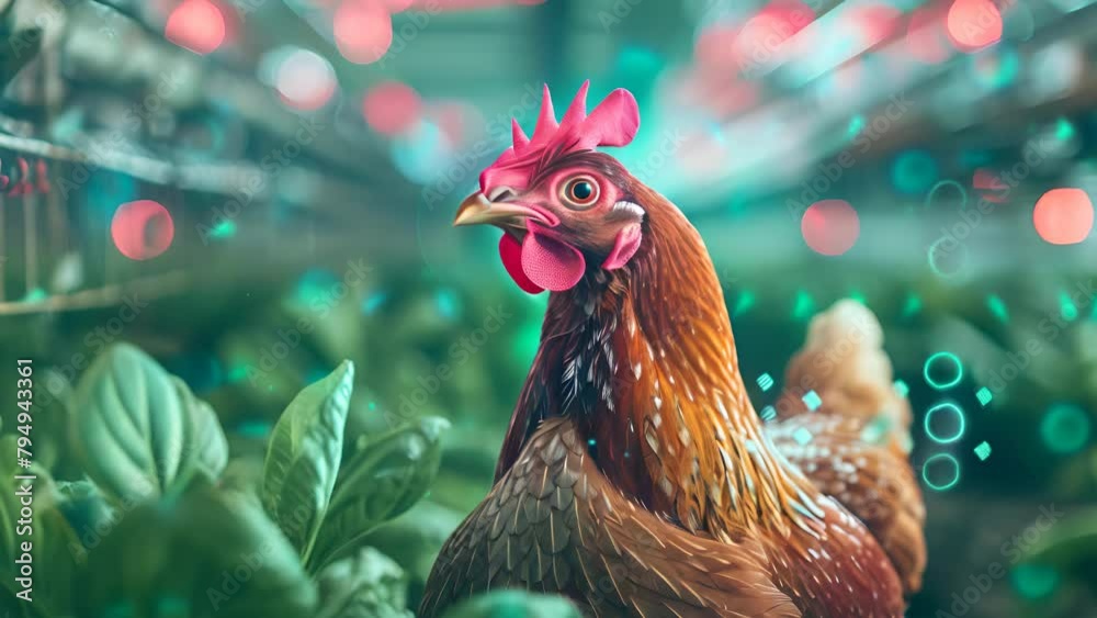 A hybrid image of a chicken roboticized in a high-tech farm house ...