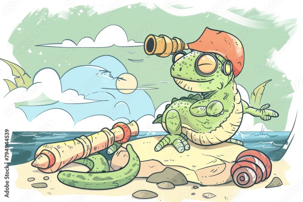 Cartoon cute doodles of a pirate lizard sunbathing on a rocky shore ...