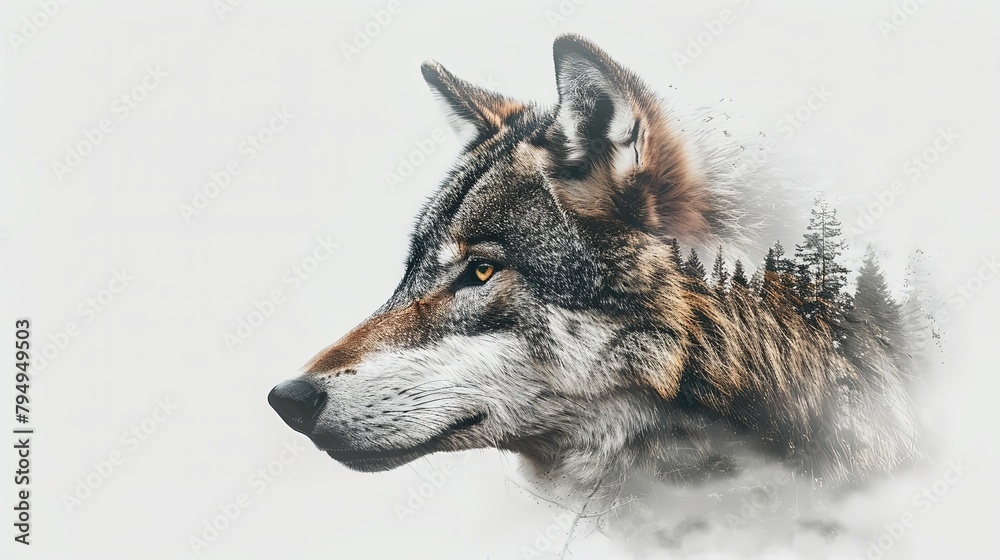 Wolf head closeup portrait graphic design double exposure with mountain ...