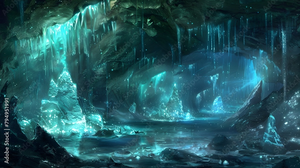 Expansive Subterranean Ice Caves Glowing with Bioluminescent Life on an ...