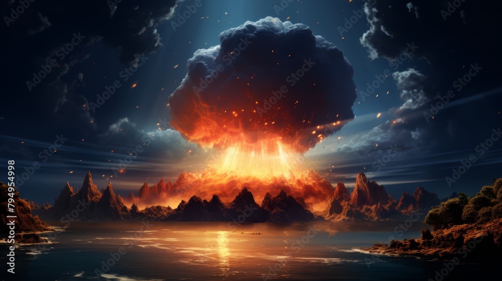 Meteor striking an uninhabited island, creating a massive explosion ... Meteor striking an uninhabited island, creating a massive explosion ...