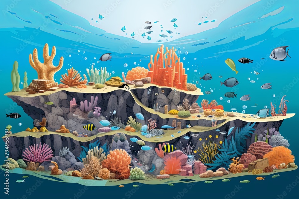 Coral Reef Ecosystem Infographics: Ocean Habitat Map Collection Stock ...
