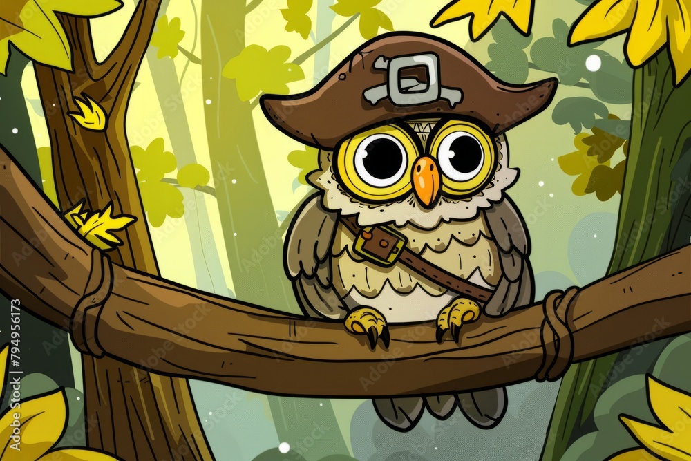 Cartoon cute doodles of a pirate owl perched on a tree branch, keeping ...