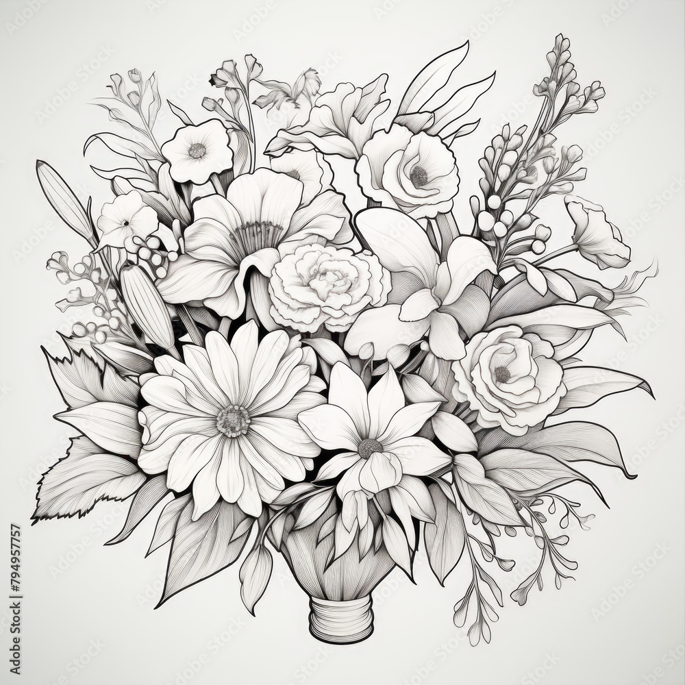 Lush bouquet of flowers coloring page anti-stress for adults. Beautiful ...