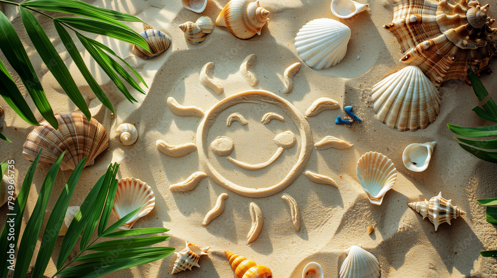 Sun Shaped Sand Art with Seashells, Tropical Beach Craft Under Palm ...