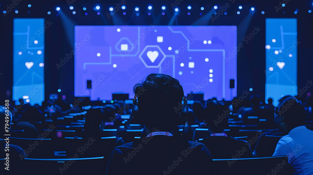 Corporate leader giving an inspiring speech at a conference, audience ...