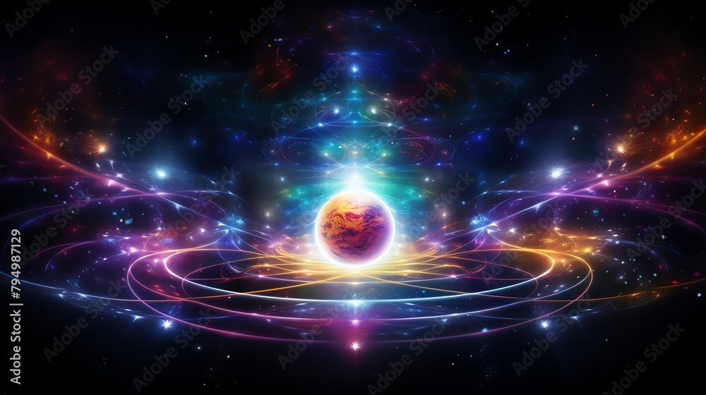 A cosmic scene where neon runes float in space, each incantation ...