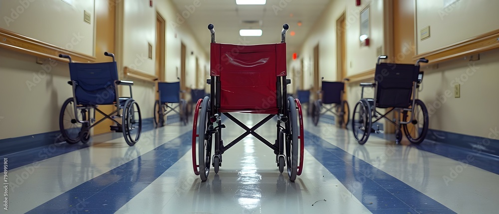 Hospital corridor filled with empty wheelchairs signifying overwhelmed ...