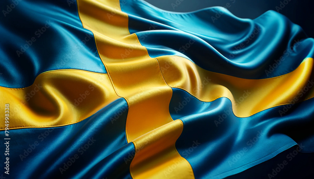 Sweden flag with big folds waving close up under the studio light ...