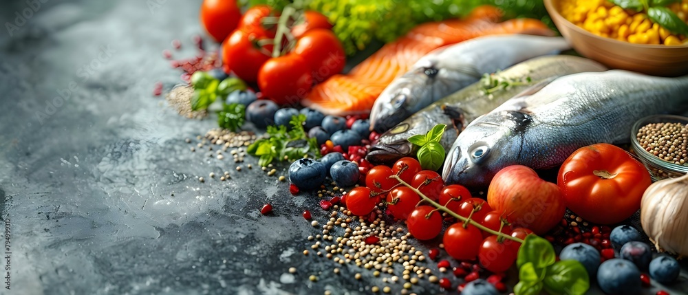 Nutritious foods like fish veggies fruits legumes and blueberries in ...