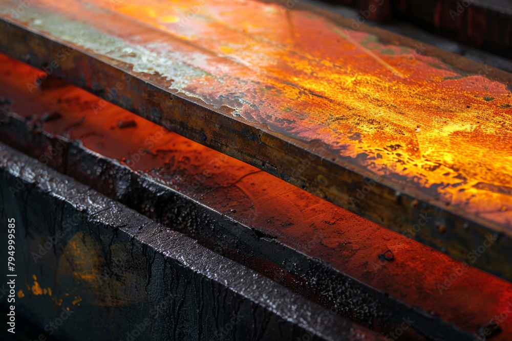 Detailed view of a heat treatment process on steel, with visible color ...
