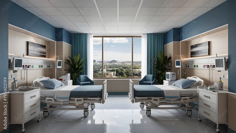 calming hospital room with a serene blue and white color scheme. Two ...