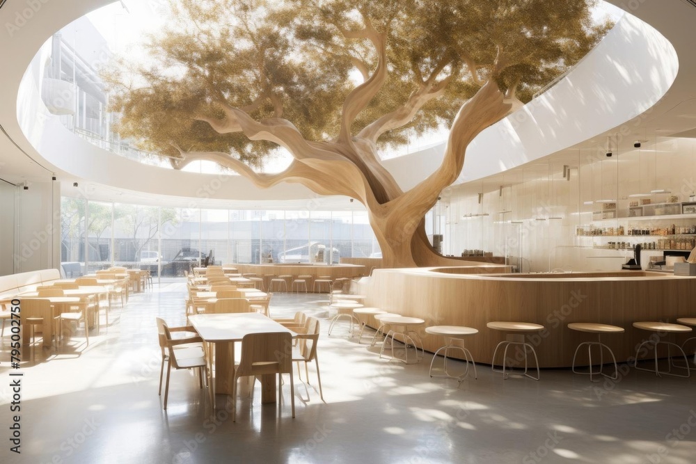 Spacious cafe layout with a minimalist approach, utilizing natural ...