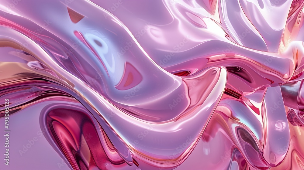 Reflective pink fluid art with wavy metallic texture. 3D renderings of ...