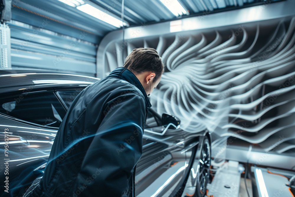 Detailed view of an automotive engineer testing a car's aerodynamics in ...