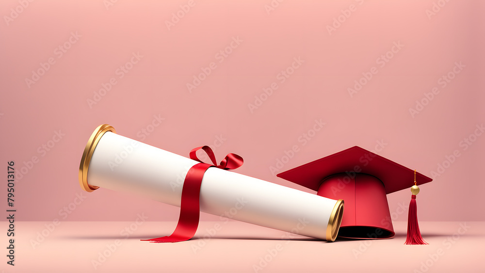 A red graduation cap on top of a white graduation certificate. Concept ...
