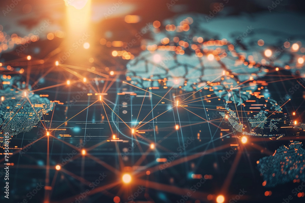 Digital network overlay on a world map, glowing lines connect financial ...