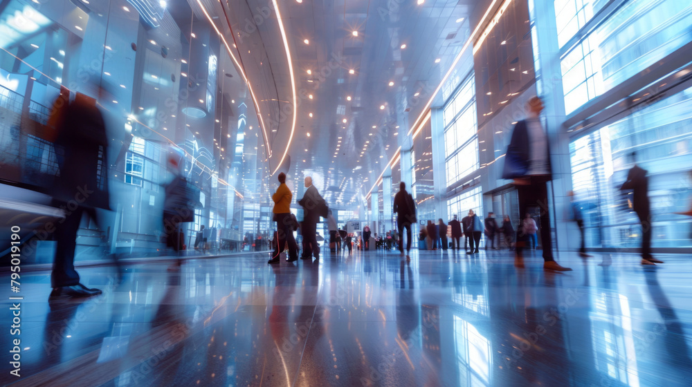 Fast-paced time-lapse footage of a bustling corporate lobby with ...