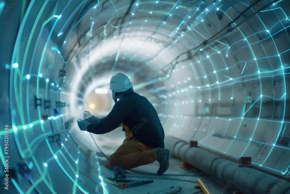 Futuristic tunnel inspection by a professional wearing a safety helmet ...
