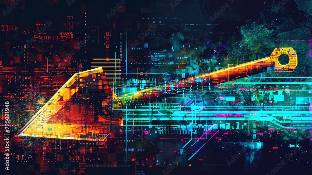 shovel breaking through a pixelated ground, revealing layers of data ...