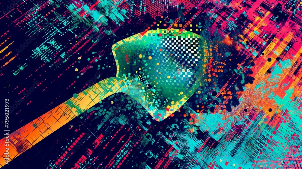 shovel breaking through a pixelated ground, revealing layers of data ...