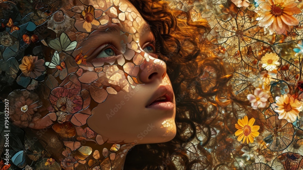 young woman whose skin is made of intricately detailed stained glass ...