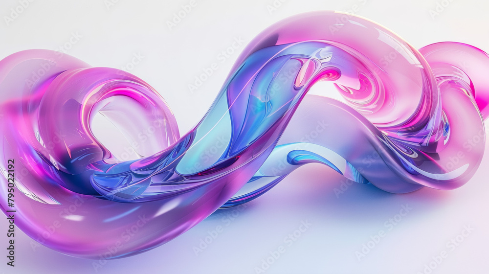Abstract transparent pink and blue glass spiral shape on a white ...