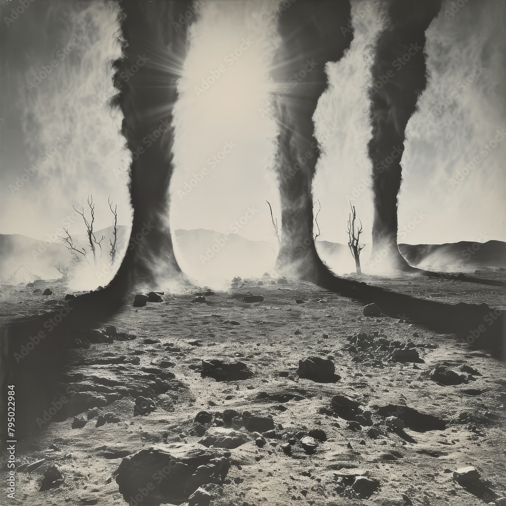 scorching heat of a sunlit desert, with distorted mirages rising from ...