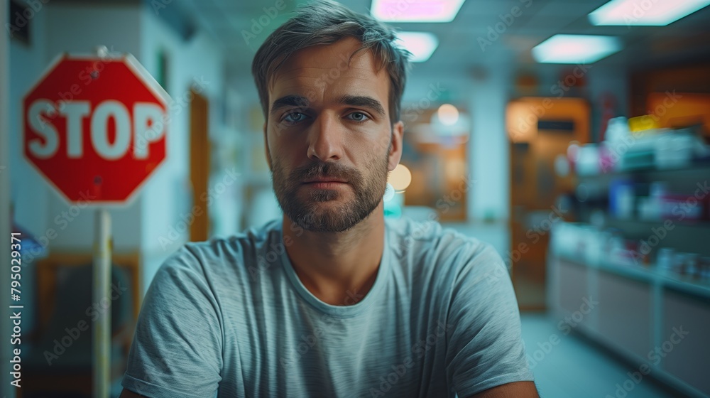 Portrait of serious man with red stop sign with serious facial ...