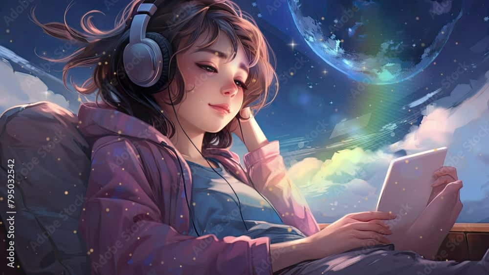 woman listening to music with headphones. Anime art style. Loop ...